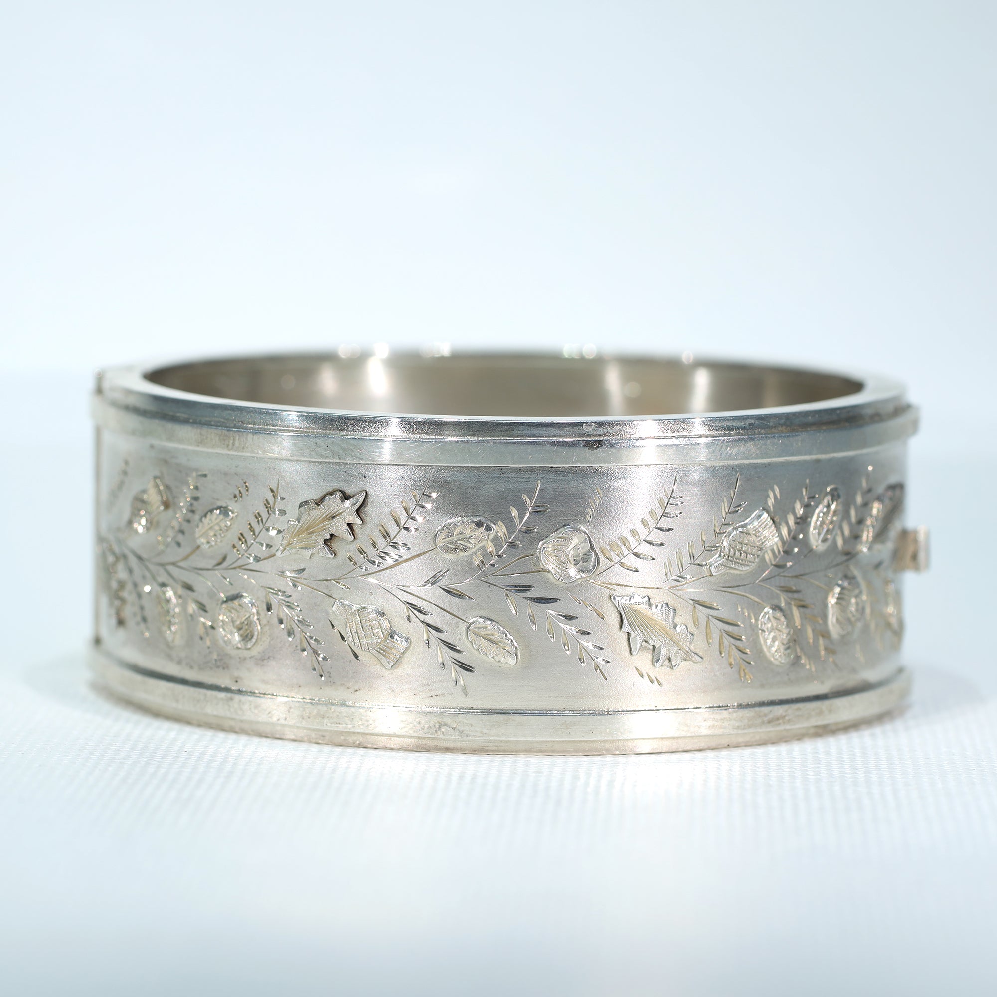 Victorian Sterling Silver Engraved Thistles Bangle Cuff Bracelet Hallmarked 1893