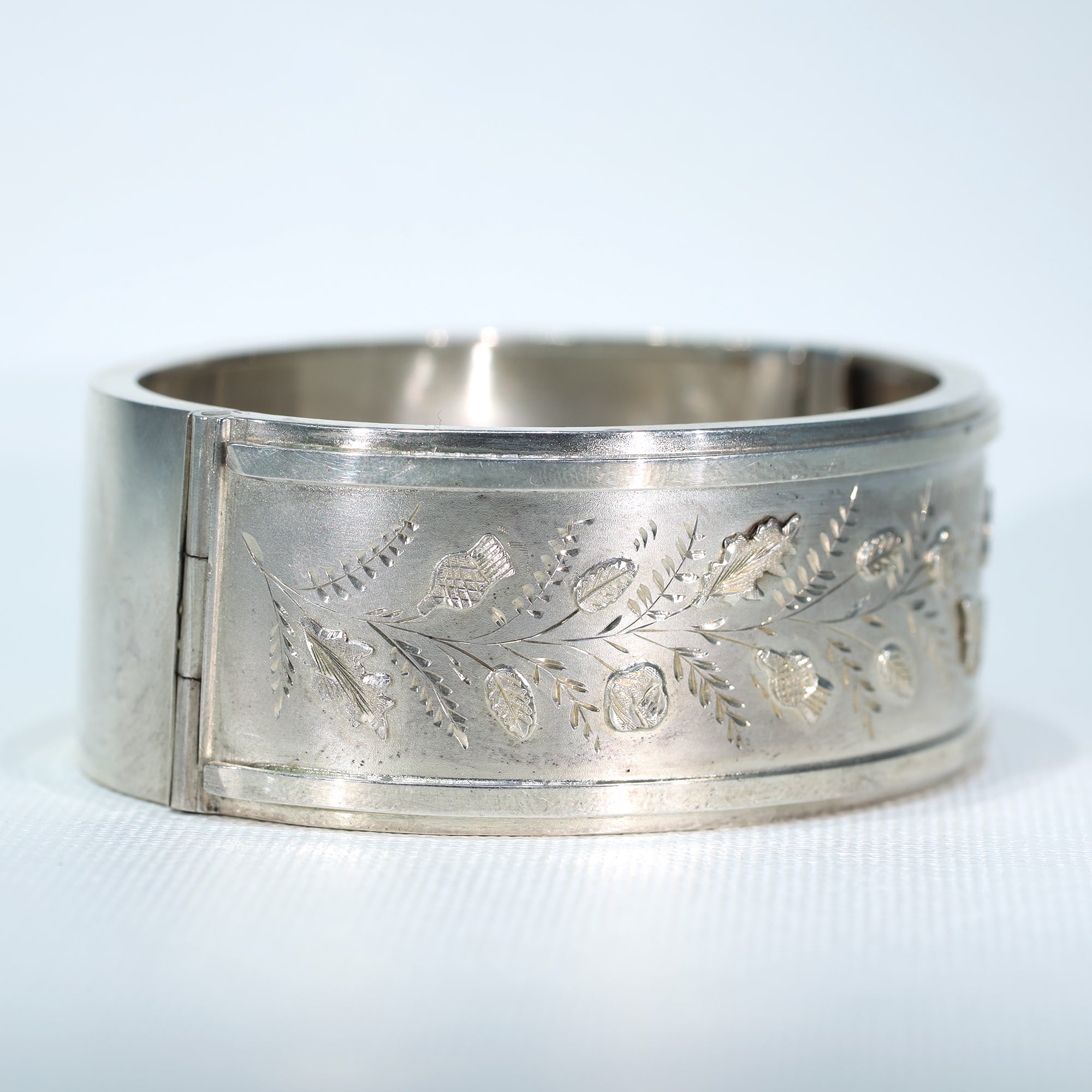 Victorian Sterling Silver Engraved Thistles Bangle Cuff Bracelet Hallm ...