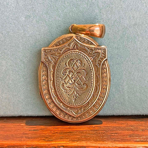 Victorian Gold Engraved Shield Locket Pendant - Victoria Sterling