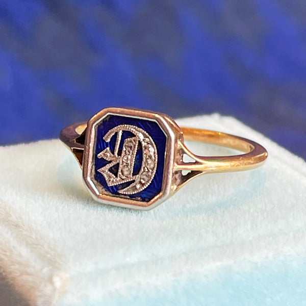 Edwardian Diamond 'D" Initial Ring 18k Platinum - Victoria Sterling