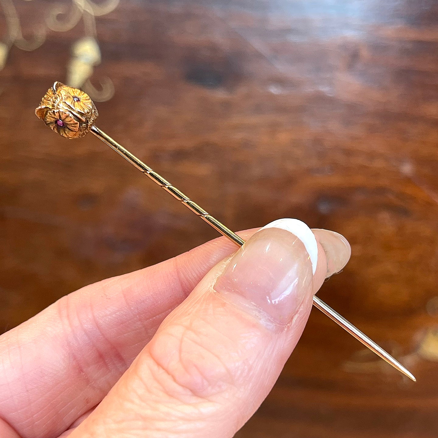 Antique Owl Head Stick Pin Garnet Eyes 18k Gold - Victoria Sterling
