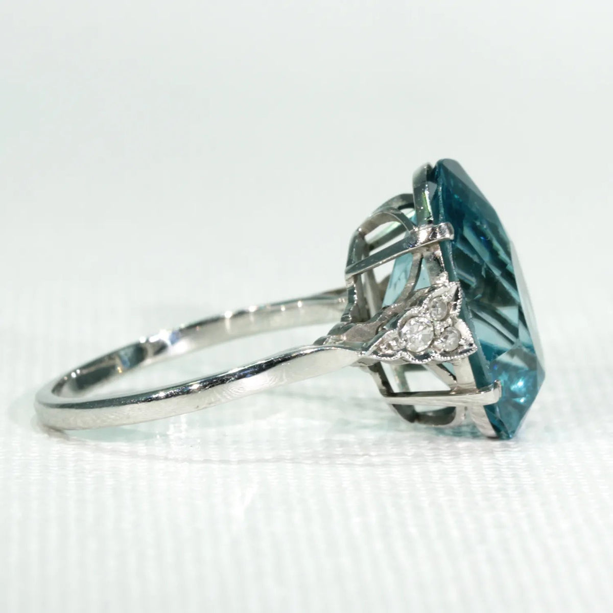 Art Deco Blue Zircon Diamond Ring Platinum - Victoria Sterling