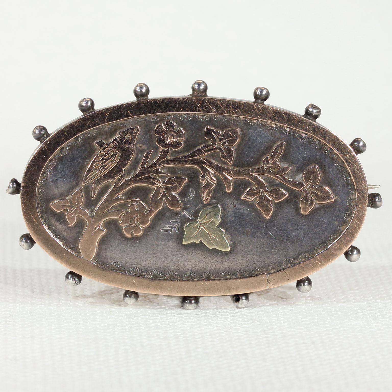 Victorian Silver Bird on Branch Brooch Pin Gold Accents - Victoria Sterling