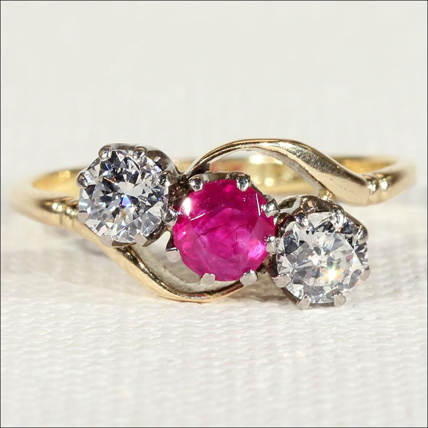 Antique Ruby and Diamond 3 Stone Bypass Ring in 18k Gold and Platinum - Victoria Sterling