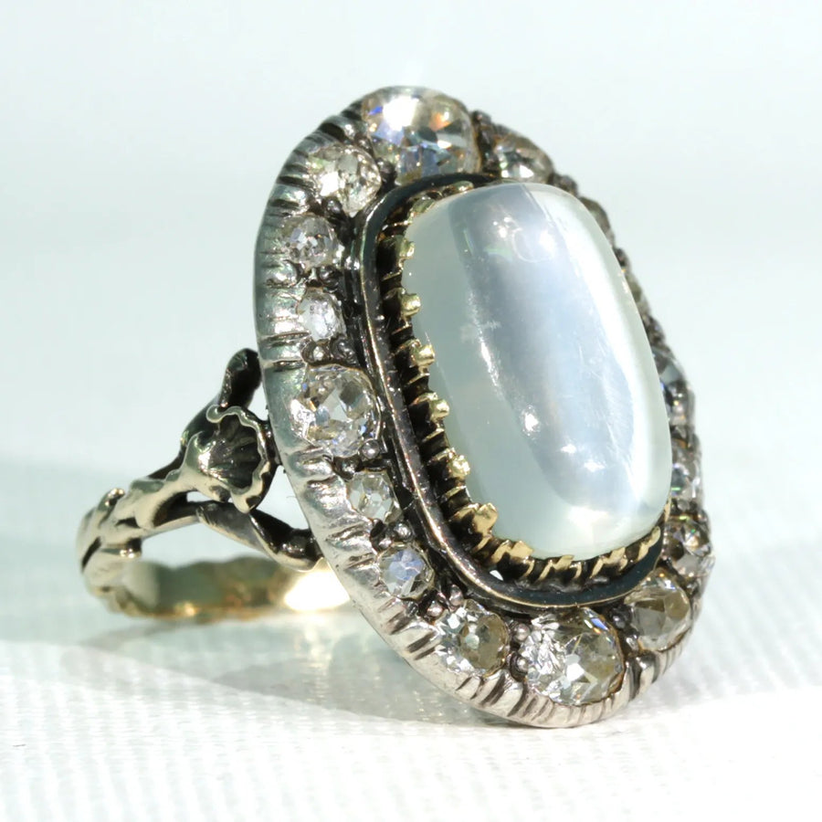 Stunning Victorian Diamond Moonstone Cluster Ring 18k Gold Silver