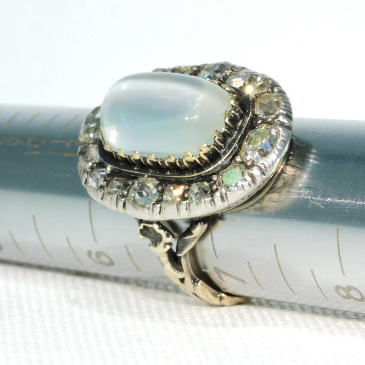 Stunning Victorian Diamond Moonstone Cluster Ring 18k Gold Silver
