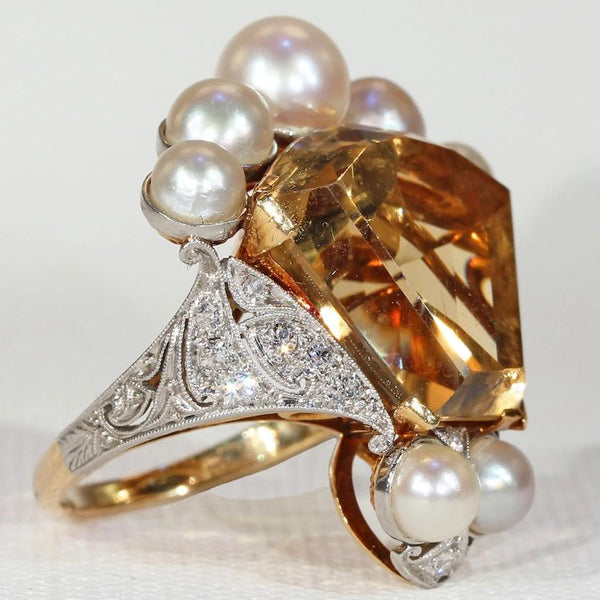 Vintage Calf Cut Citrine Pearl Diamond Crown Ring - Victoria Sterling