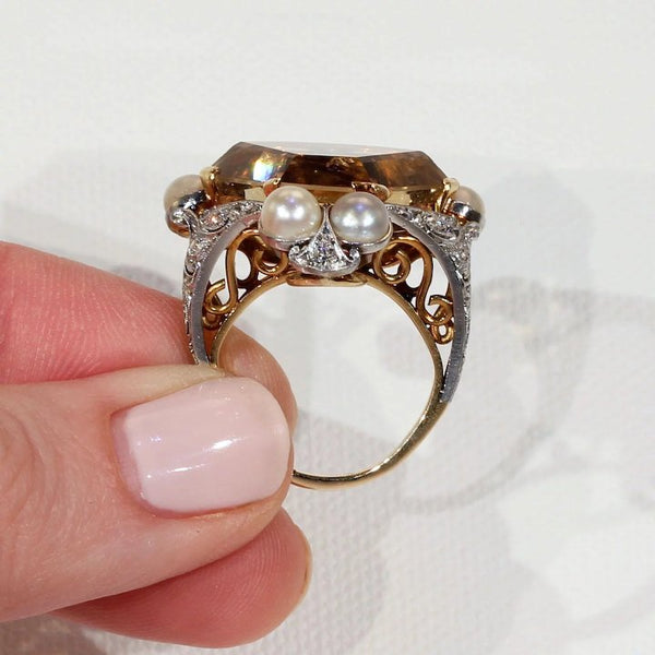 Vintage Calf Cut Citrine Pearl Diamond Crown Ring - Victoria Sterling